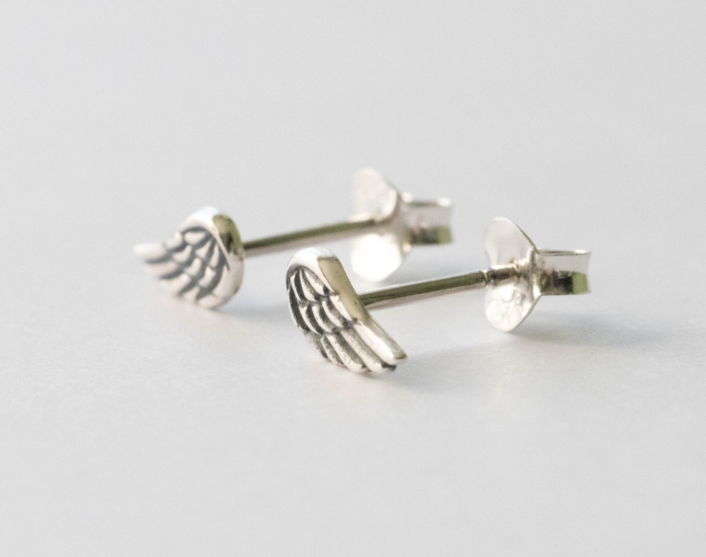 925 Sterling Silver Mini Angel Wing Post Earrings ( 1 pair ...